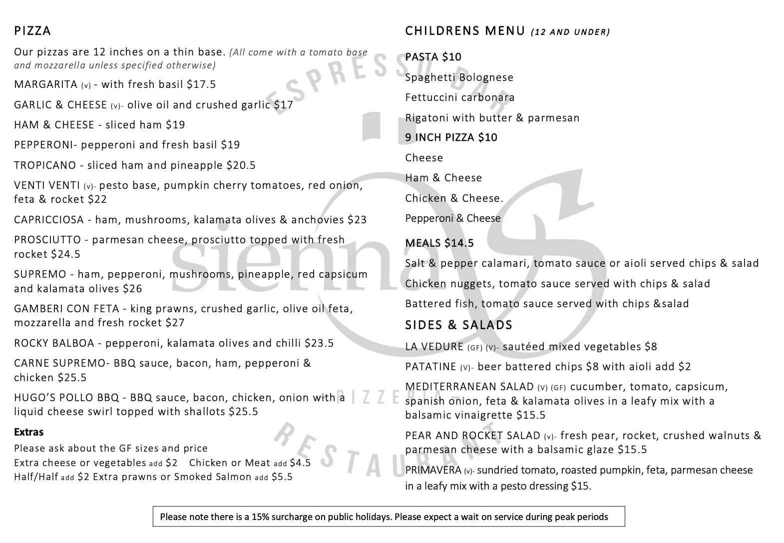 DINE IN MENU – Sienna's Pizzeria Bar & Restaurant