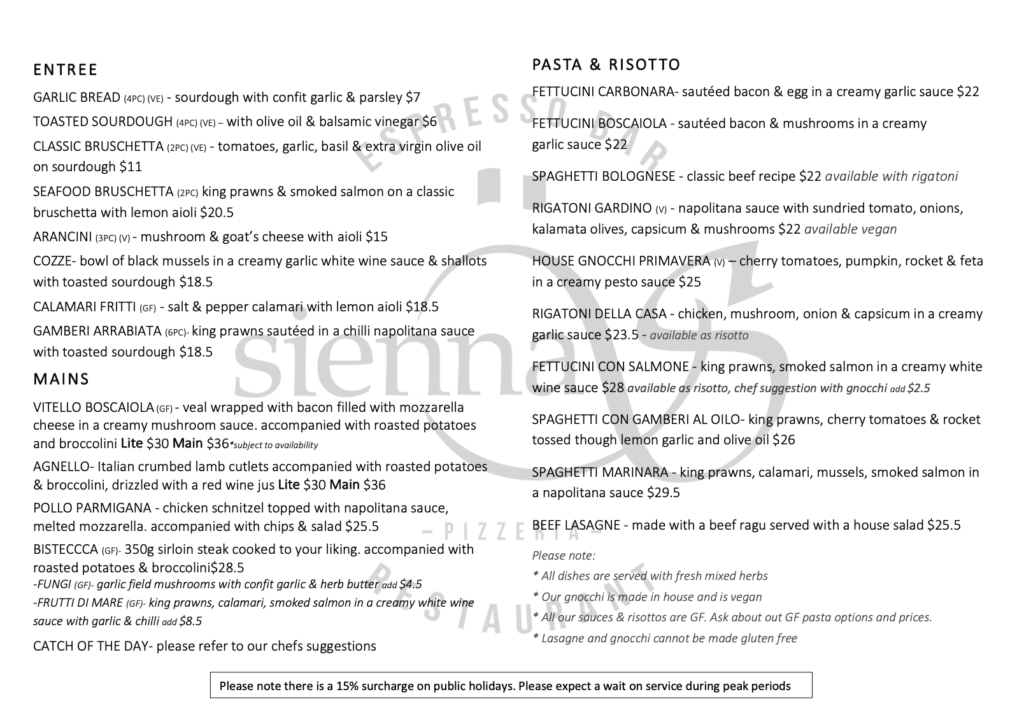 DINE IN MENU – Sienna's Pizzeria Bar & Restaurant
