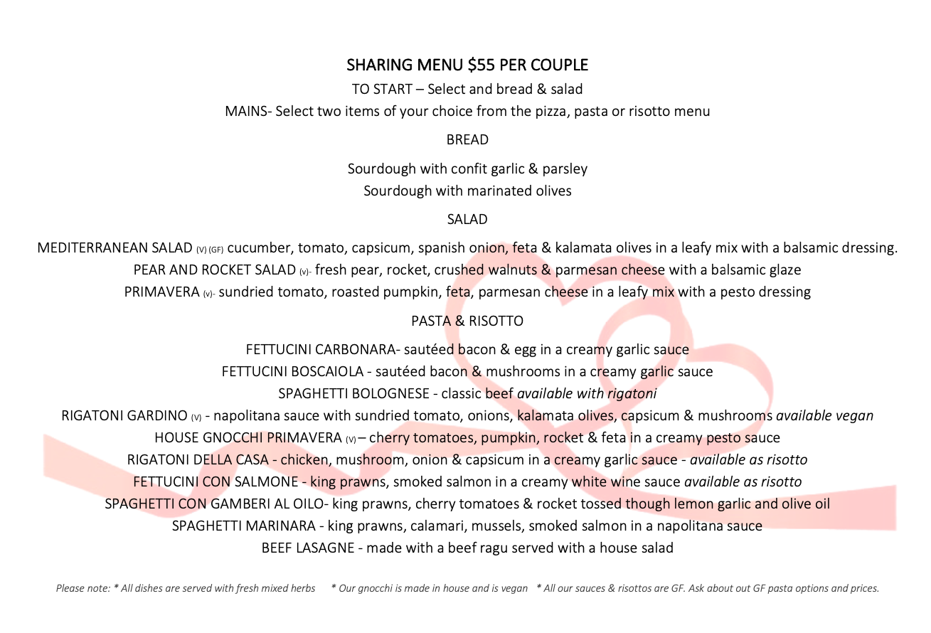 Sharing Menu front – Sienna's Restaurant