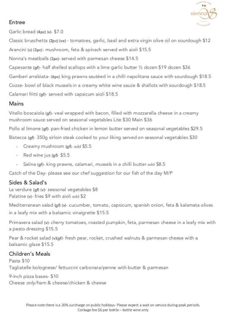Front of Dinner Menu May 2021 – Sienna's Restaurant