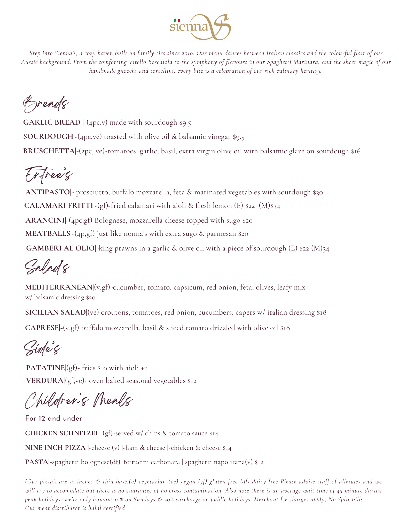 MENU – Sienna's Restaurant